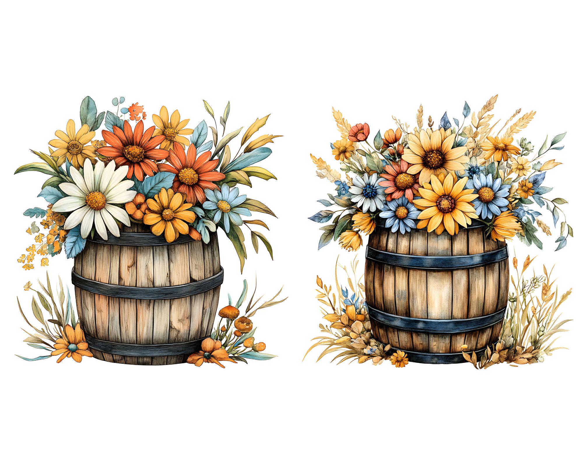 Floral Wooden Barrel Clipart: Rustic Flower Arrangement (digital ...
