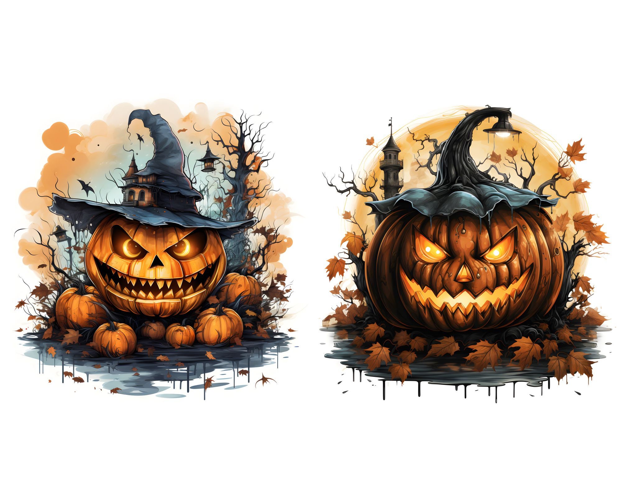 Halloween Scary Pumpkin Clipart, 14 Jpgs, Halloween Pumpkin, Watercolor ...