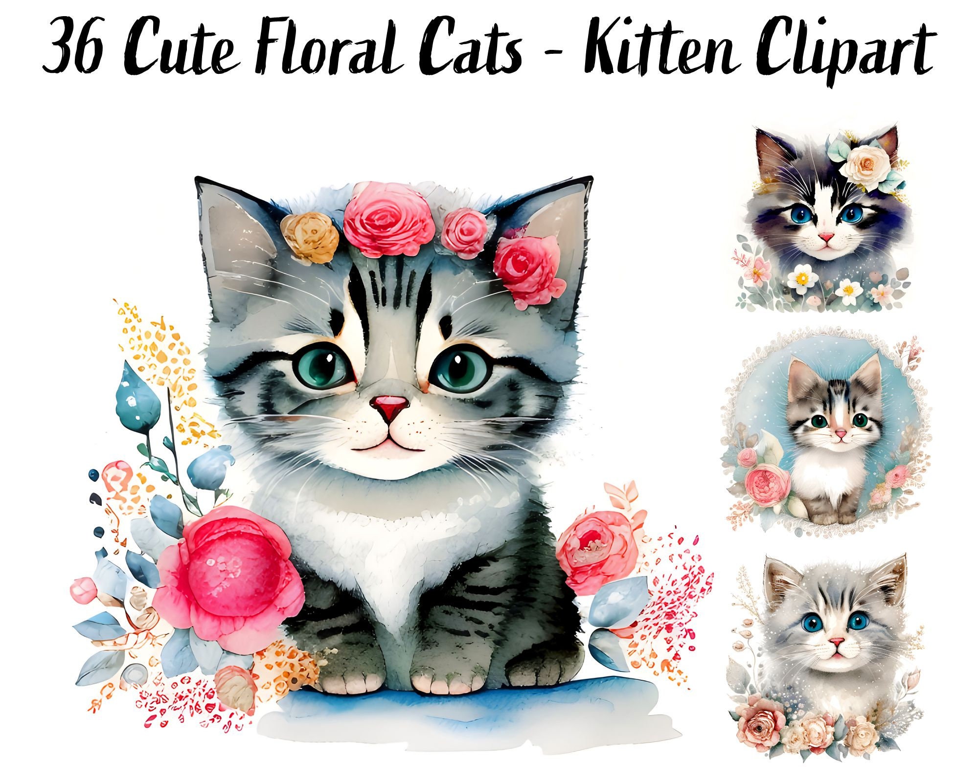 36 Cute Kitten Clipart Cat Clipart Kitten With Flowers - Etsy
