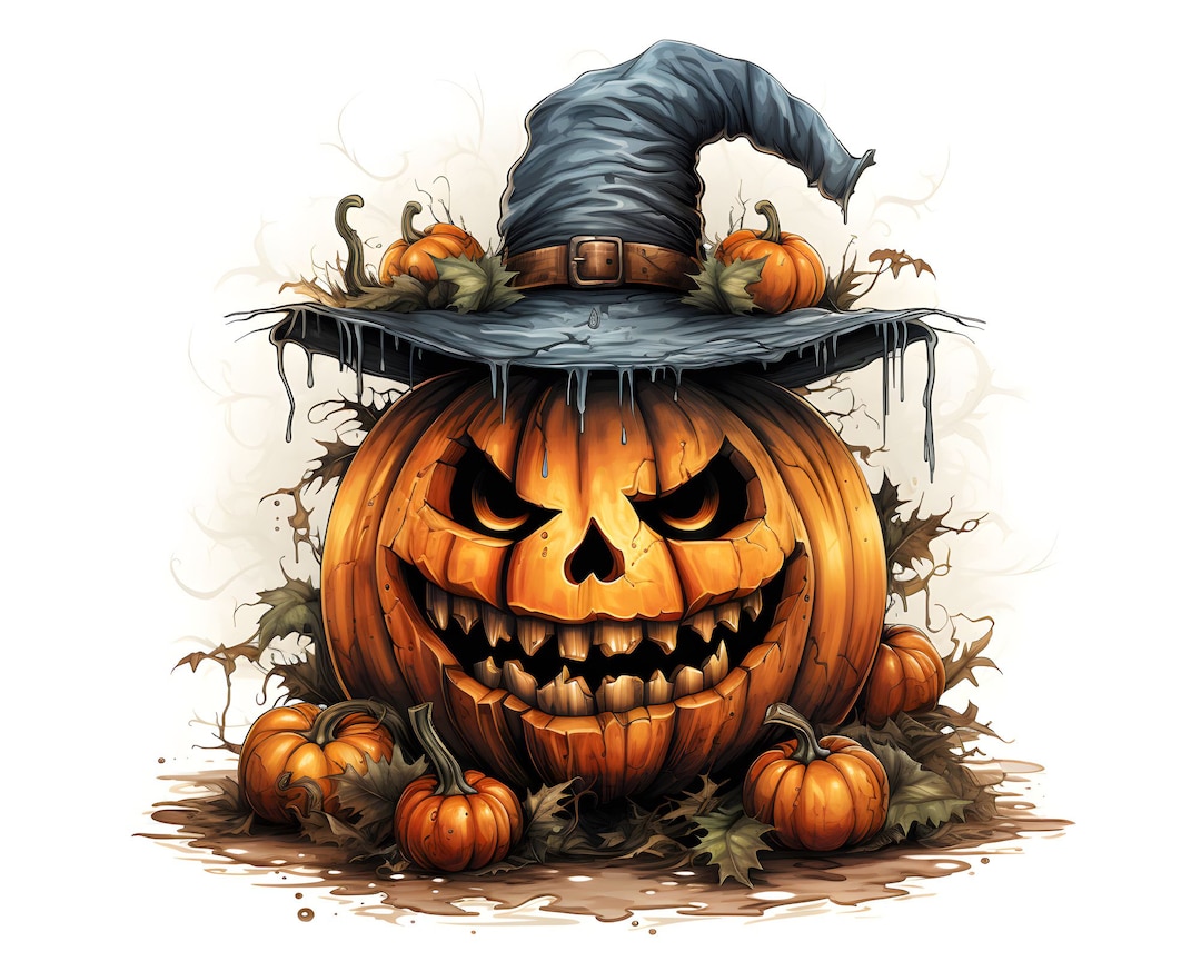 Halloween Scary Pumpkin Clipart, 14 Jpgs, Halloween Pumpkin, Watercolor ...