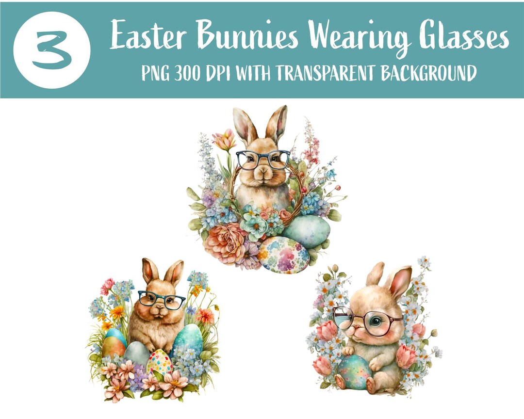 Funny Easter Bunnies in Glasses Clip Art, Rabbit Illustration Bundle ...