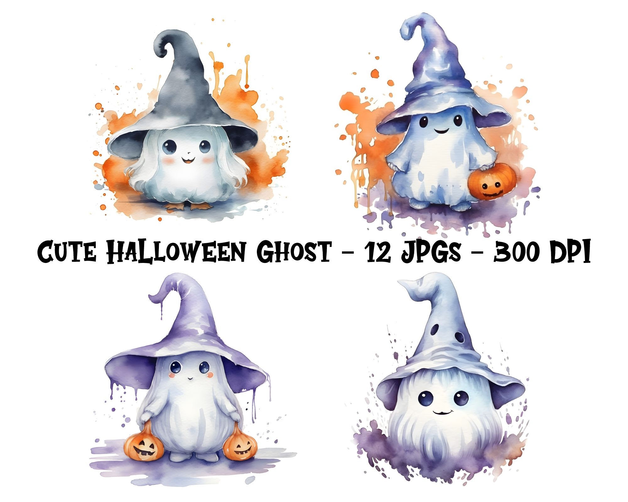 Cute Halloween Ghost Clipart, 12 Jpgs, Watercolor Ghost, Digital ...
