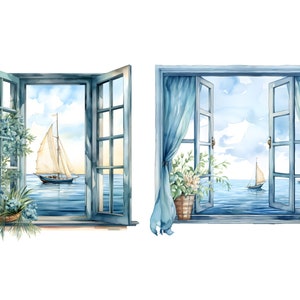 Watercolor Nautical Clipart: Sailing Boat Window View (20 PNG Digital ...