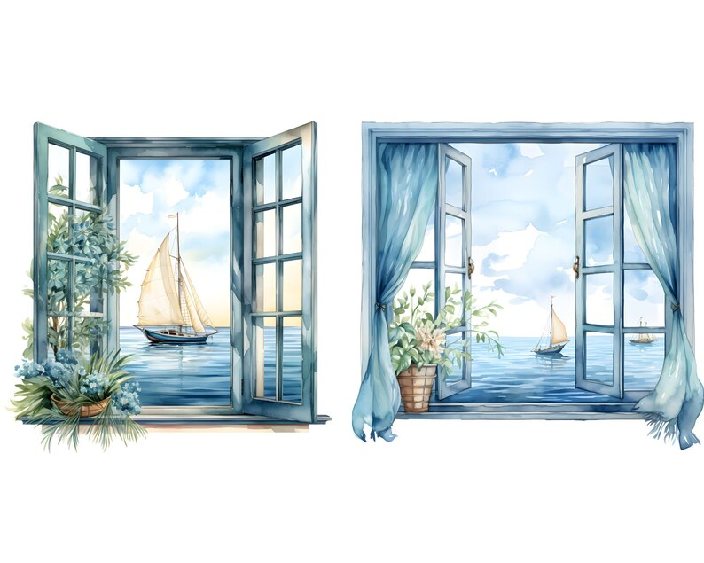 Watercolor Nautical Clipart: Sailing Boat Window View (20 PNG Digital ...