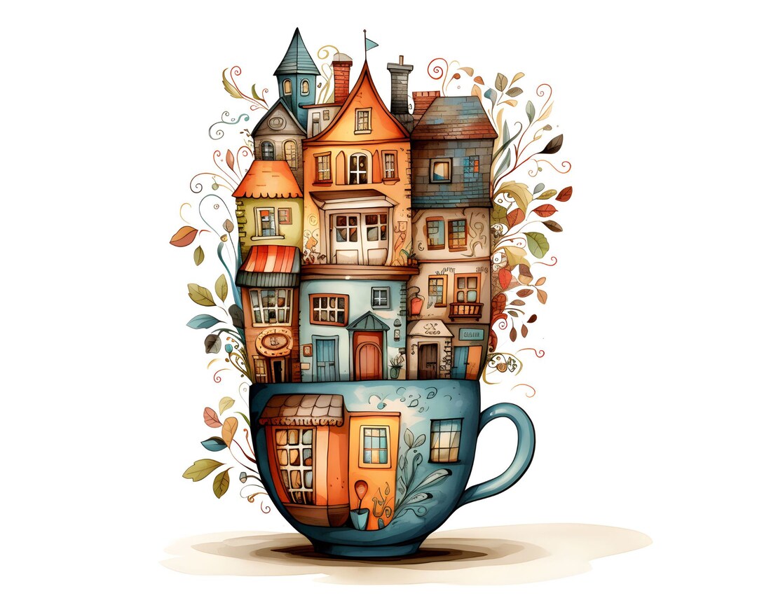 Whimsical Coffee Mug House Clipart, 16 JPG, Watercolor Clip Art ...