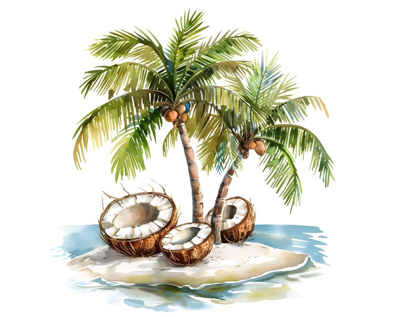 Palm Tree With Coconut Clipart, 12 JPG, Watercolor Tropical Clip Art ...