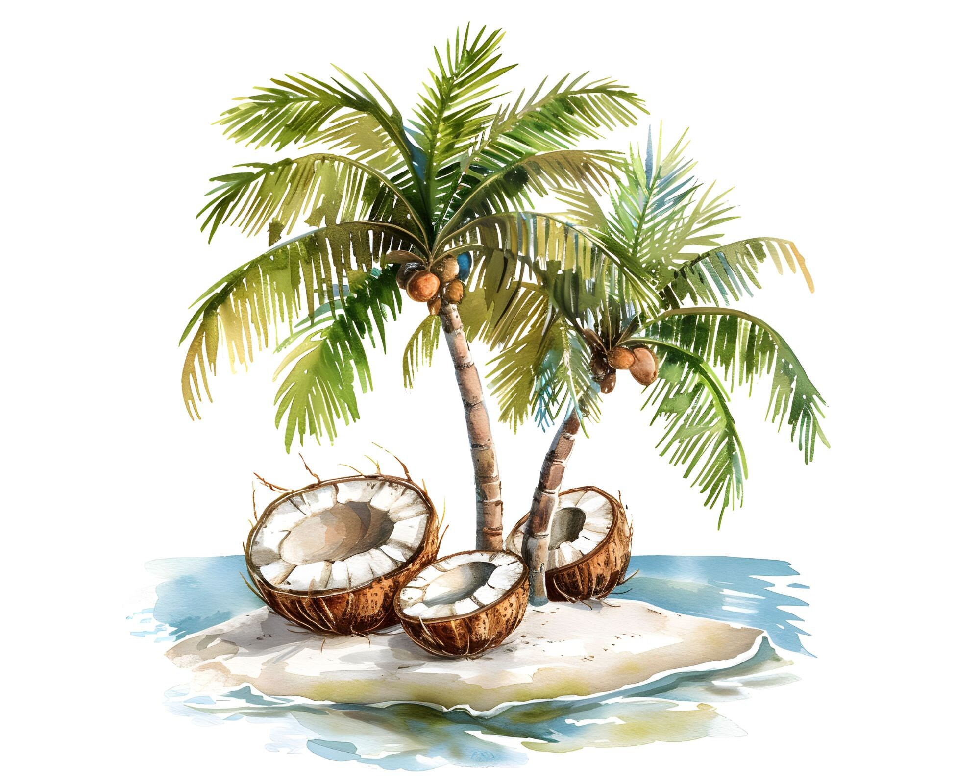 Palm Tree With Coconut Clipart, 12 JPG, Watercolor Tropical Clip Art ...