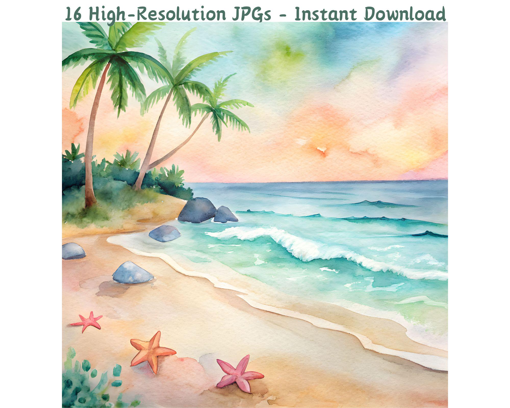 Watercolor Beach Digital Paper: Tropical Coastal Backgrounds (JPG Pack ...