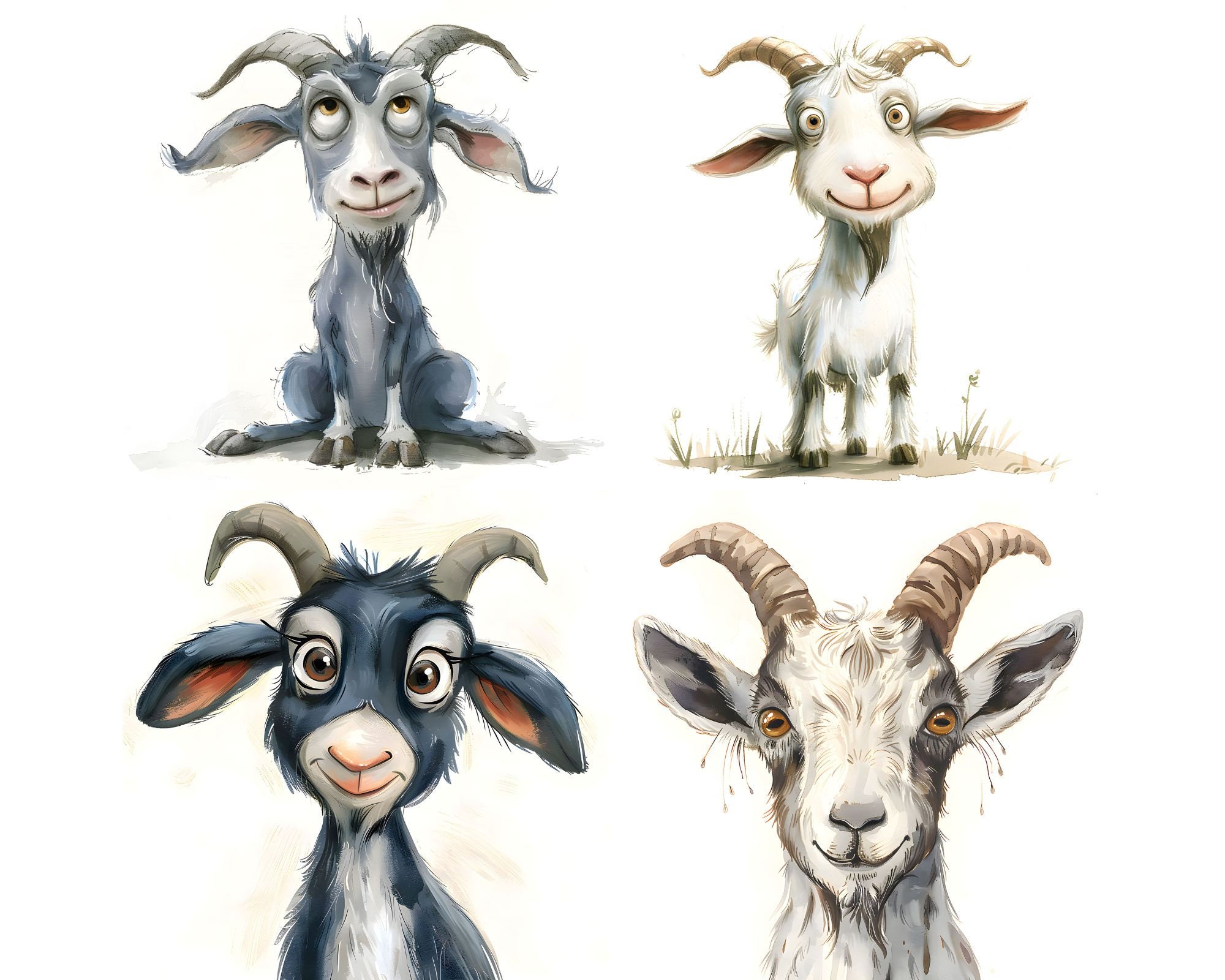 Funny Goat Clipart, 24 High Quality JPG, Whimsical Quirky, Watercolor ...
