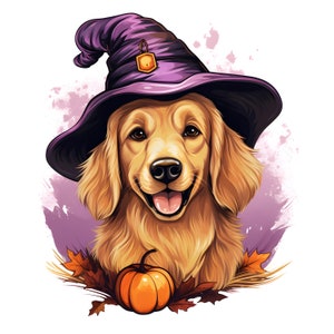 Halloween Golden Retriever Clipart, 12 Jpgs, Watercolor, Witch Hat ...