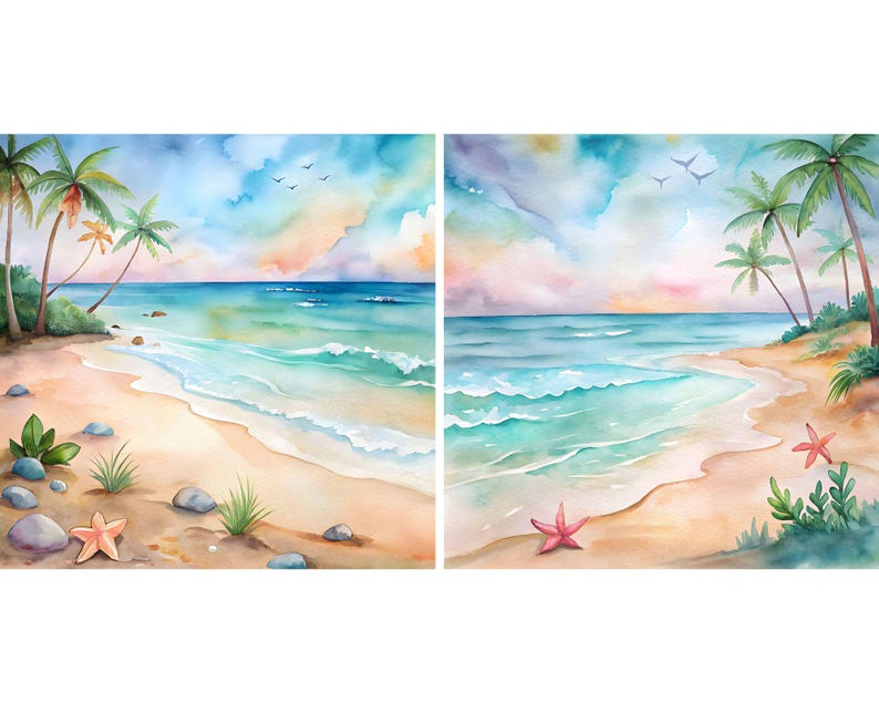 Watercolor Beach Digital Paper: Tropical Coastal Backgrounds (JPG Pack ...