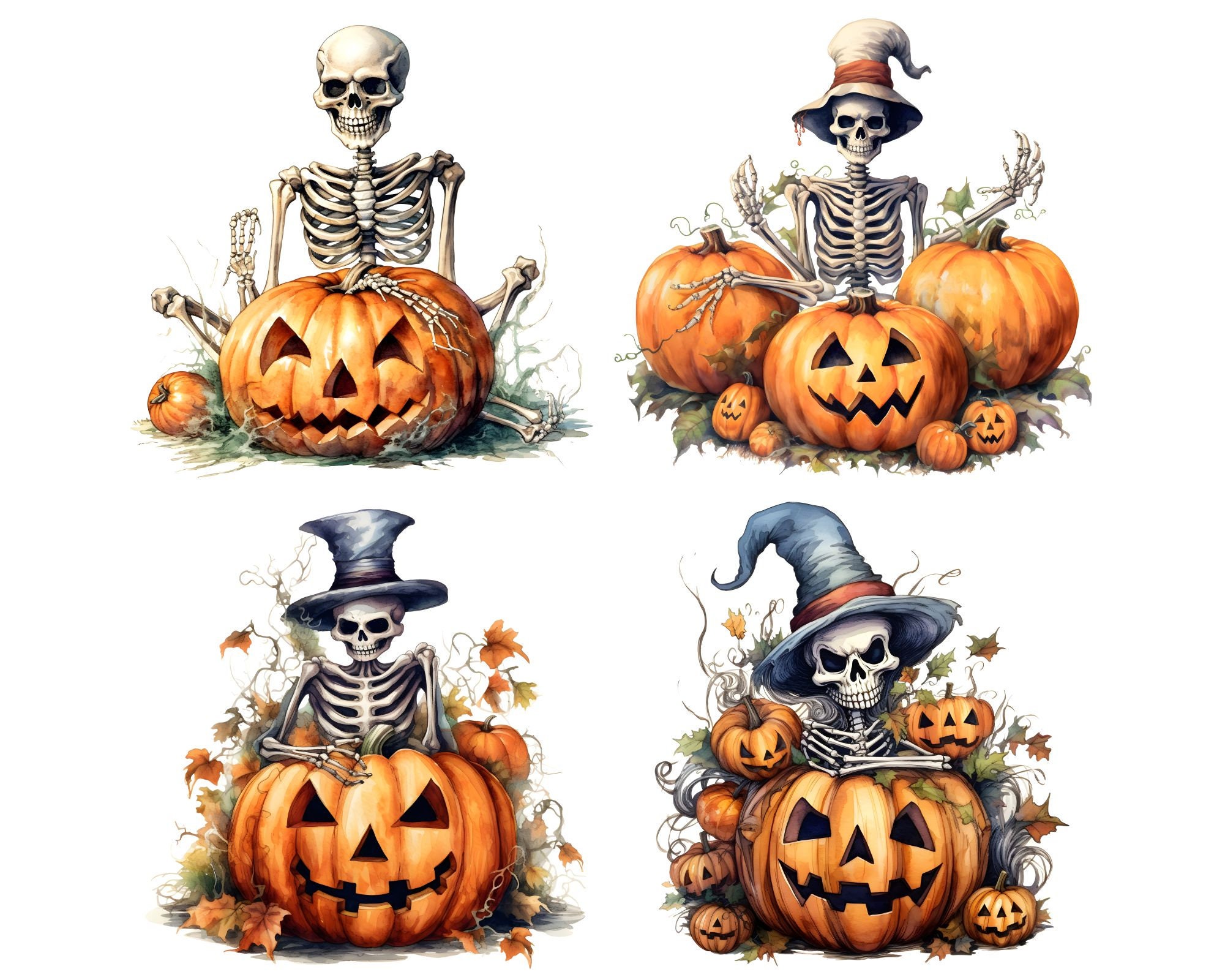 Halloween Skeleton and Pumpkin Clipart, 16 Jpgs, Watercolor Halloween ...