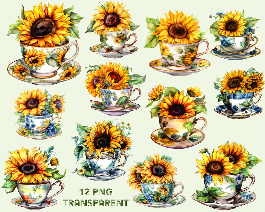 Vintage Sunflower Tea Cup Clipart, 12 High-quality Pngs, Sunflower PNG ...