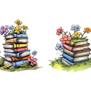 Watercolor Book Stack Clipart: Hand-drawn Flowers (JPG Files) - Etsy