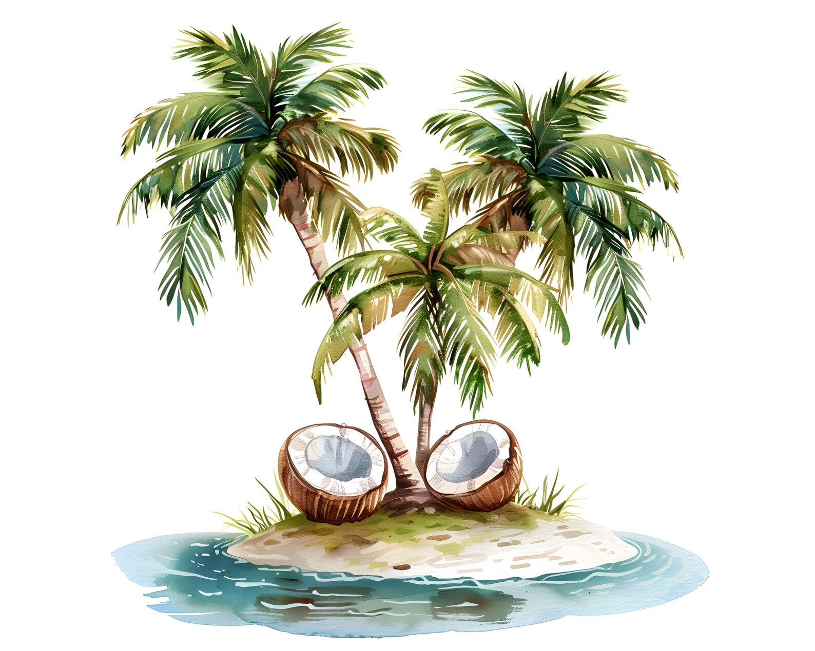 Palm Tree With Coconut Clipart, 12 JPG, Watercolor Tropical Clip Art ...