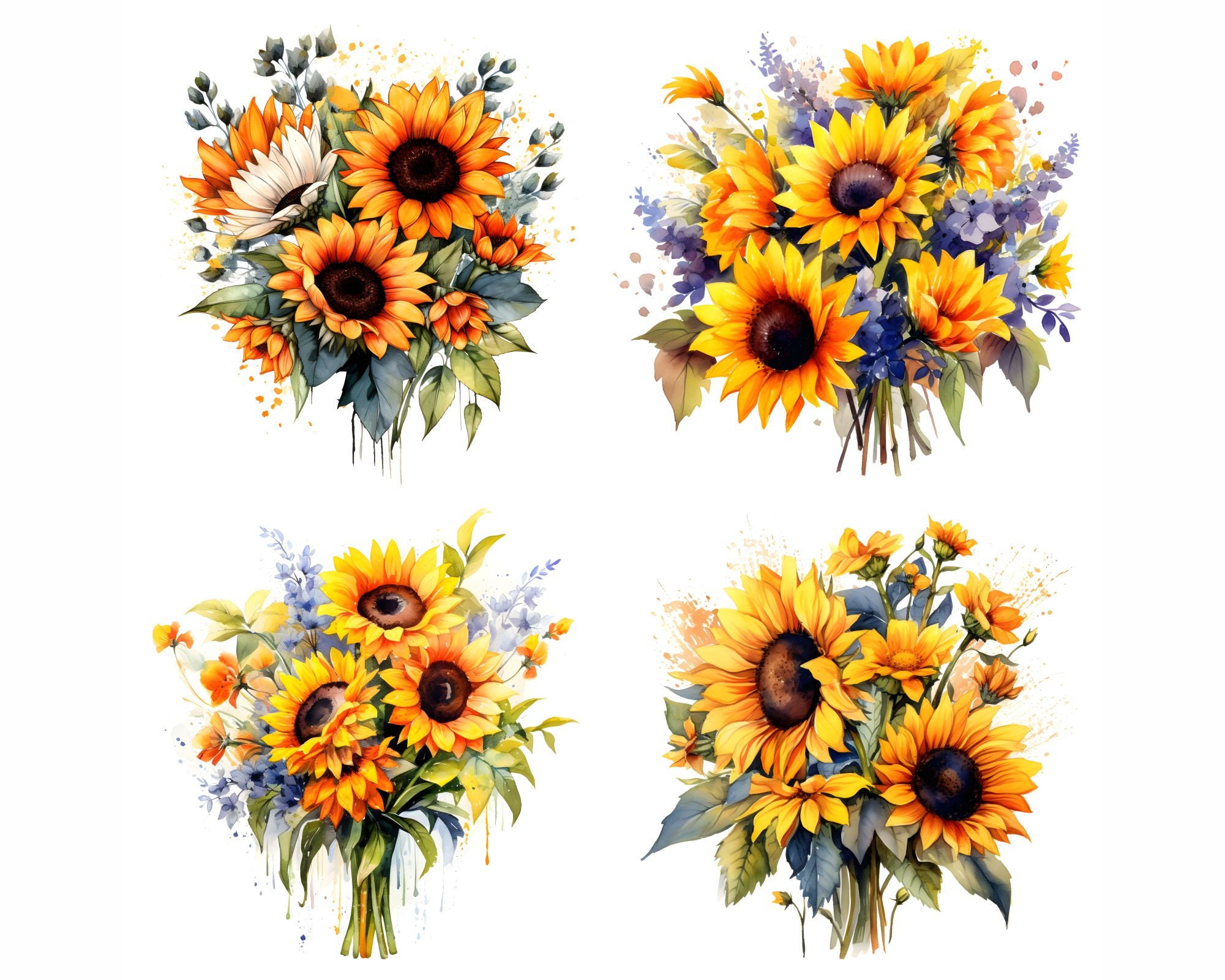 Sunflower Clipart, 20 Jpgs, Watercolor Sunflower, Sunflower Bouquet ...