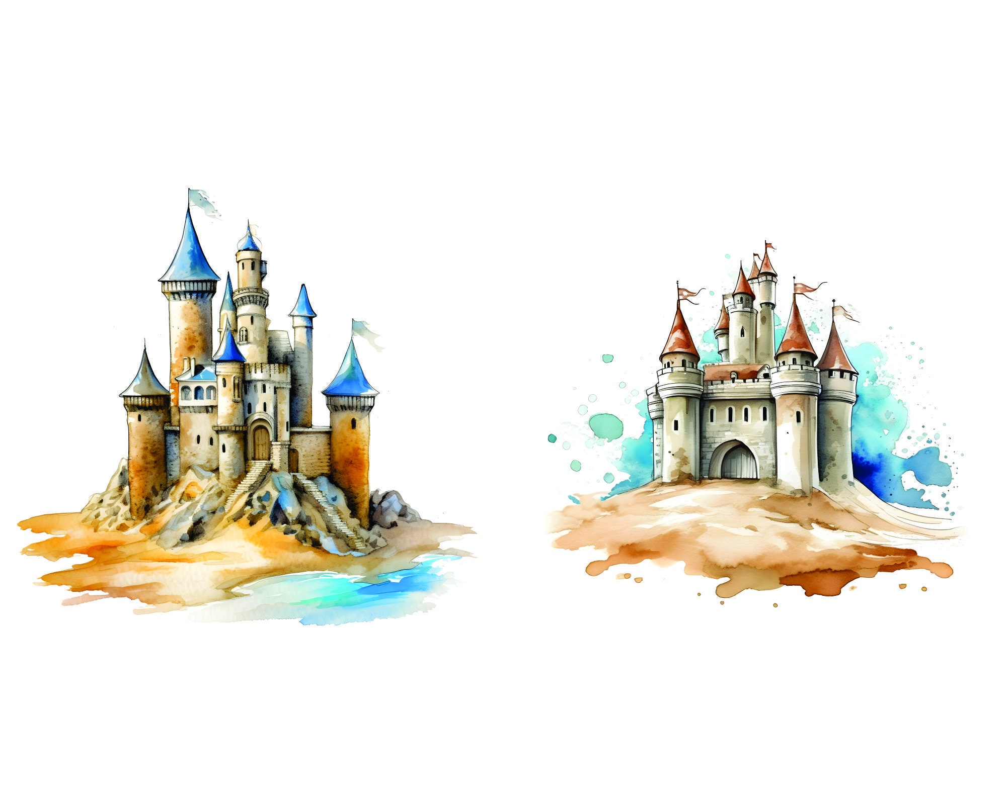 Sandcastle Clipart, 12 Jpgs, Sand Castle Clipart, Watercolor Beach ...
