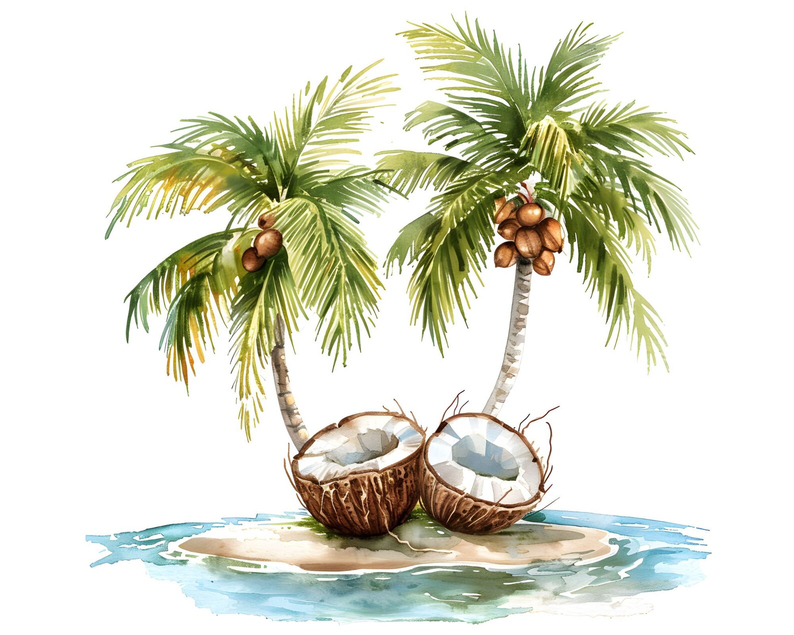 Palm Tree With Coconut Clipart, 12 JPG, Watercolor Tropical Clip Art ...
