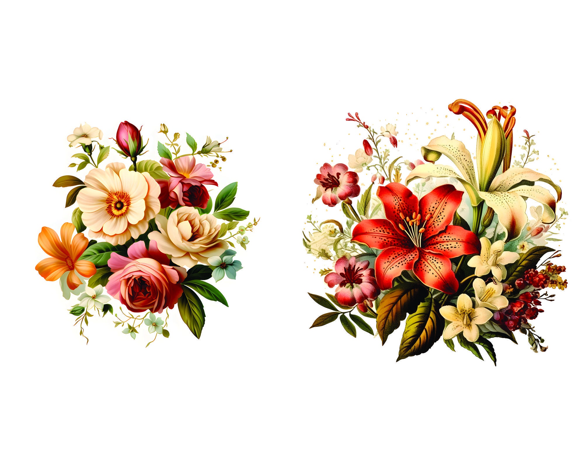 Vintage Flower Clipart, 14 Jpgs, Vintage Floral, Floral Clipart, Retro ...