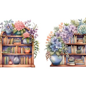 Watercolor Flower Bookcase Clipart, 18 PNG, Book Lover, Bookworm ...