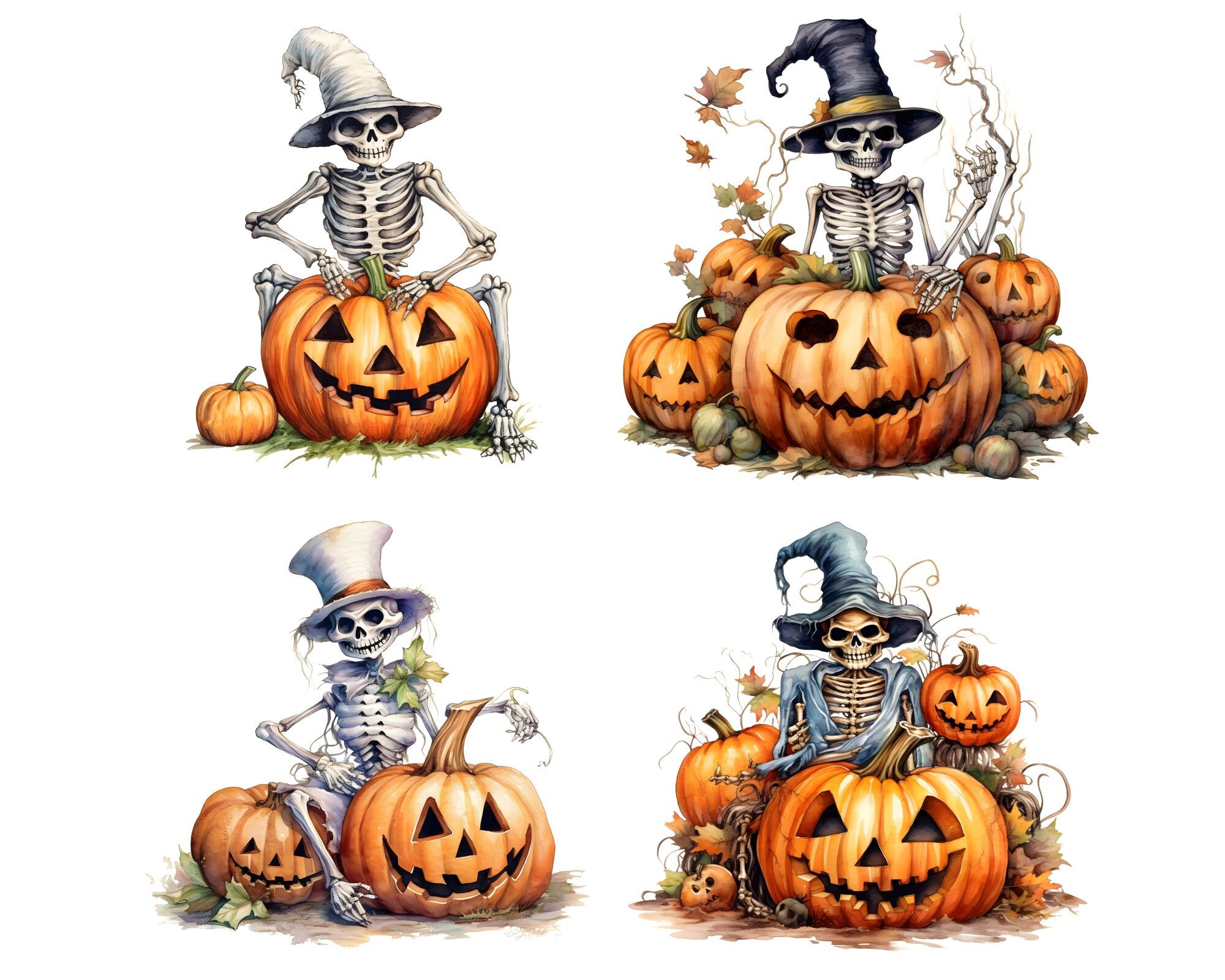 Halloween Skeleton and Pumpkin Clipart, 16 Jpgs, Watercolor Halloween ...