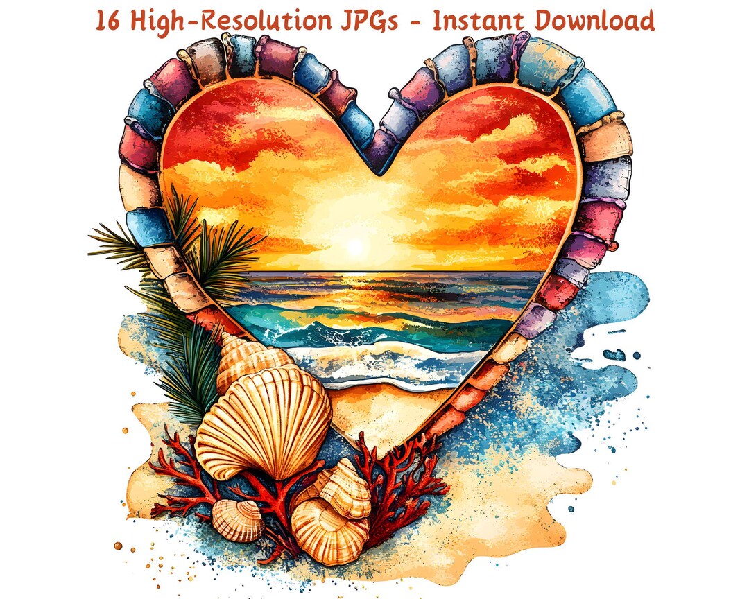Watercolor Heart-shaped Beach Scene Clipart, Vibrant Sunset With ...