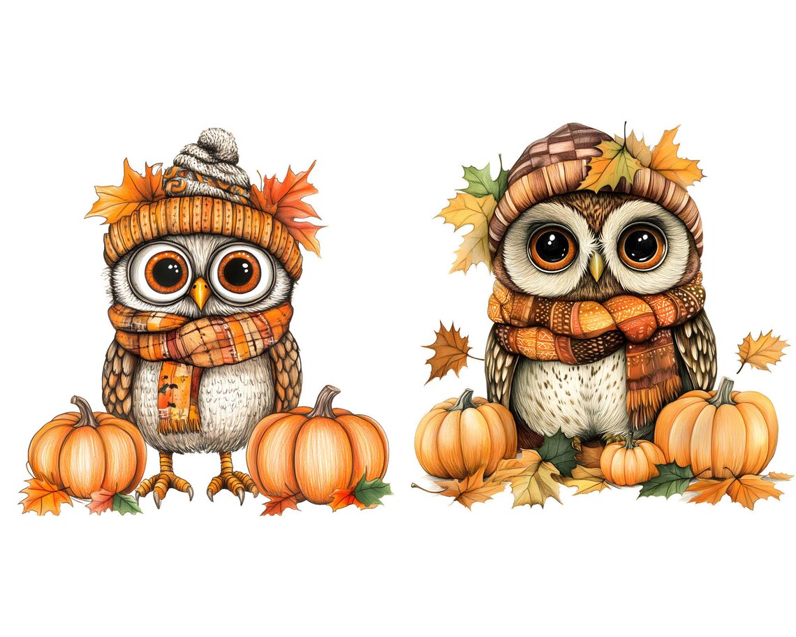 Autumn Owl Clipart, Fall Pumpkin, Maple Leaves (digital Download) - Etsy