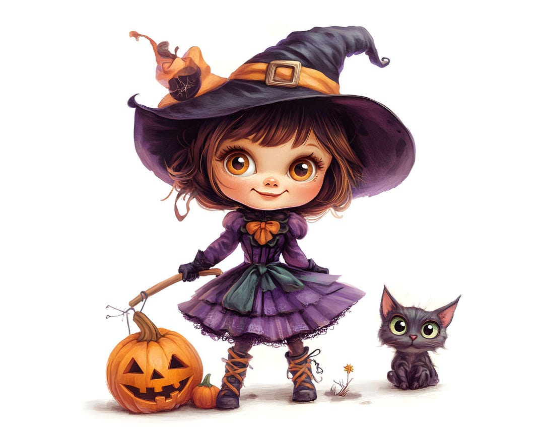 Cute Halloween Little Witch Clipart, 14 JPG, Paper Crafting, Card ...