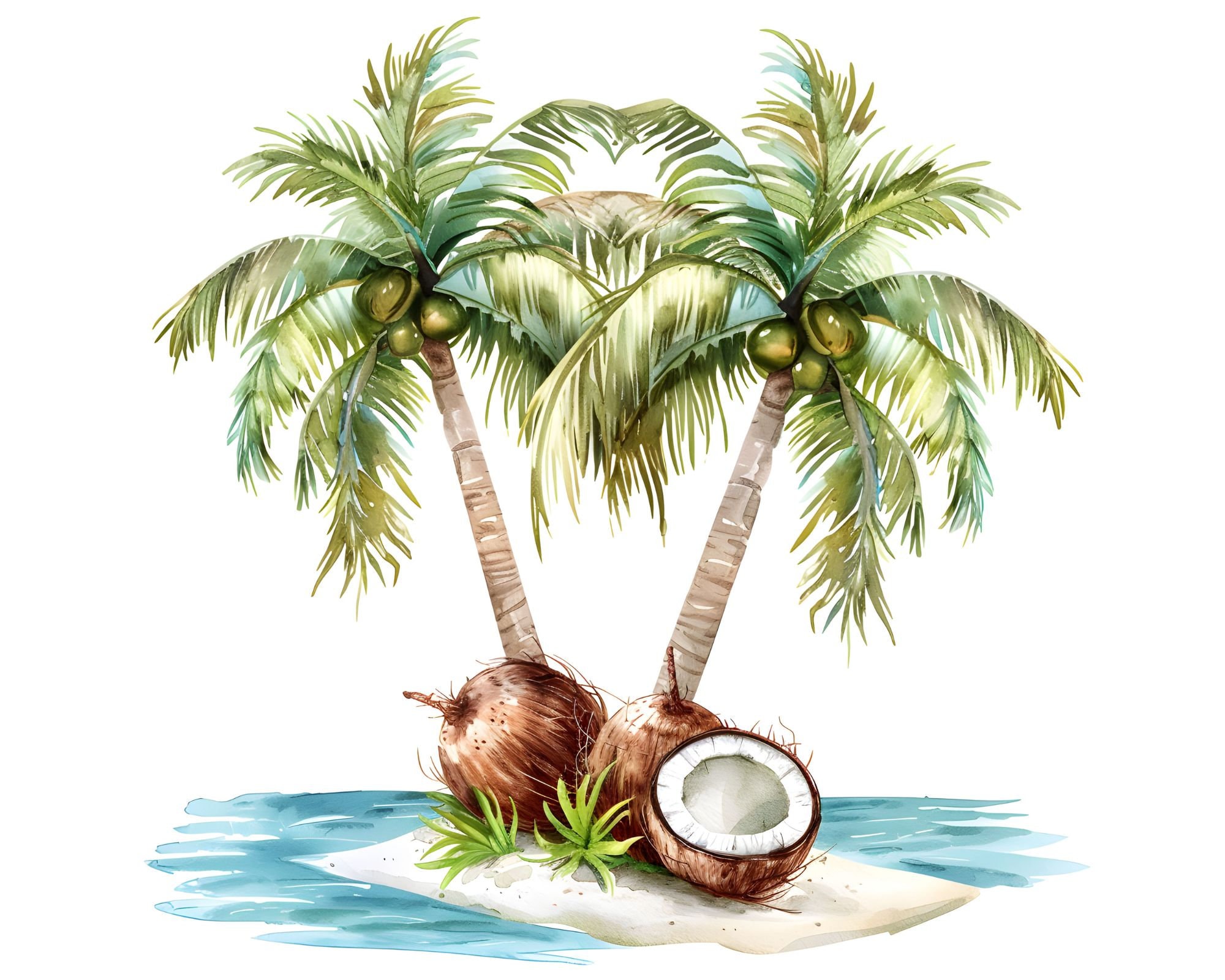 Palm Tree With Coconut Clipart, 12 JPG, Watercolor Tropical Clip Art ...