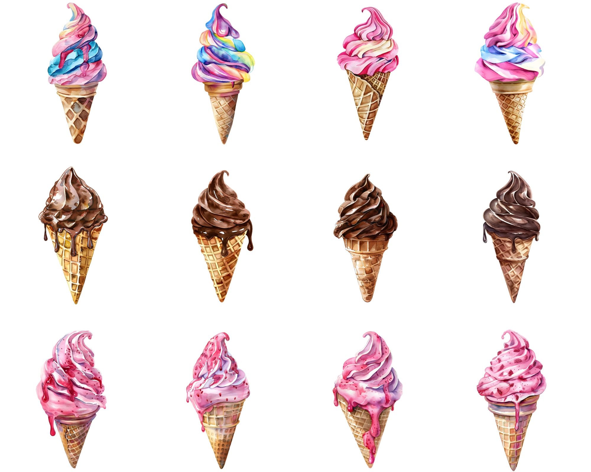 Watercolor Ice Cream Cone Clipart: 120 PNG Summer Dessert Illustrations ...