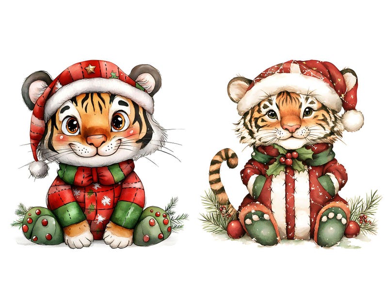 Watercolor Christmas Tiger Clipart: Santa Hat Animal Art (14 JPG ...