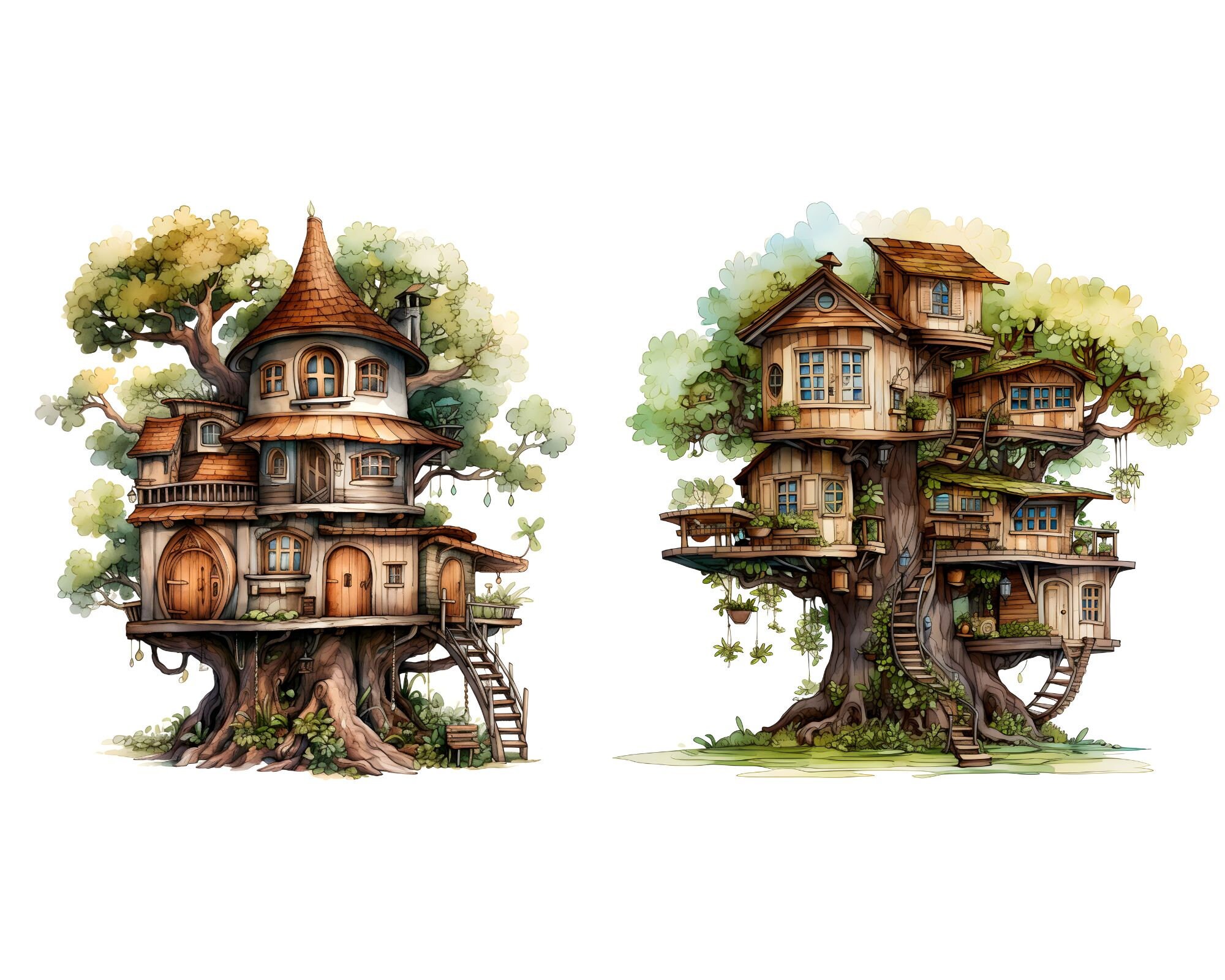 Whimsical Tree House Clipart, 16 High Quality JPG, Watercolor Clip Art ...