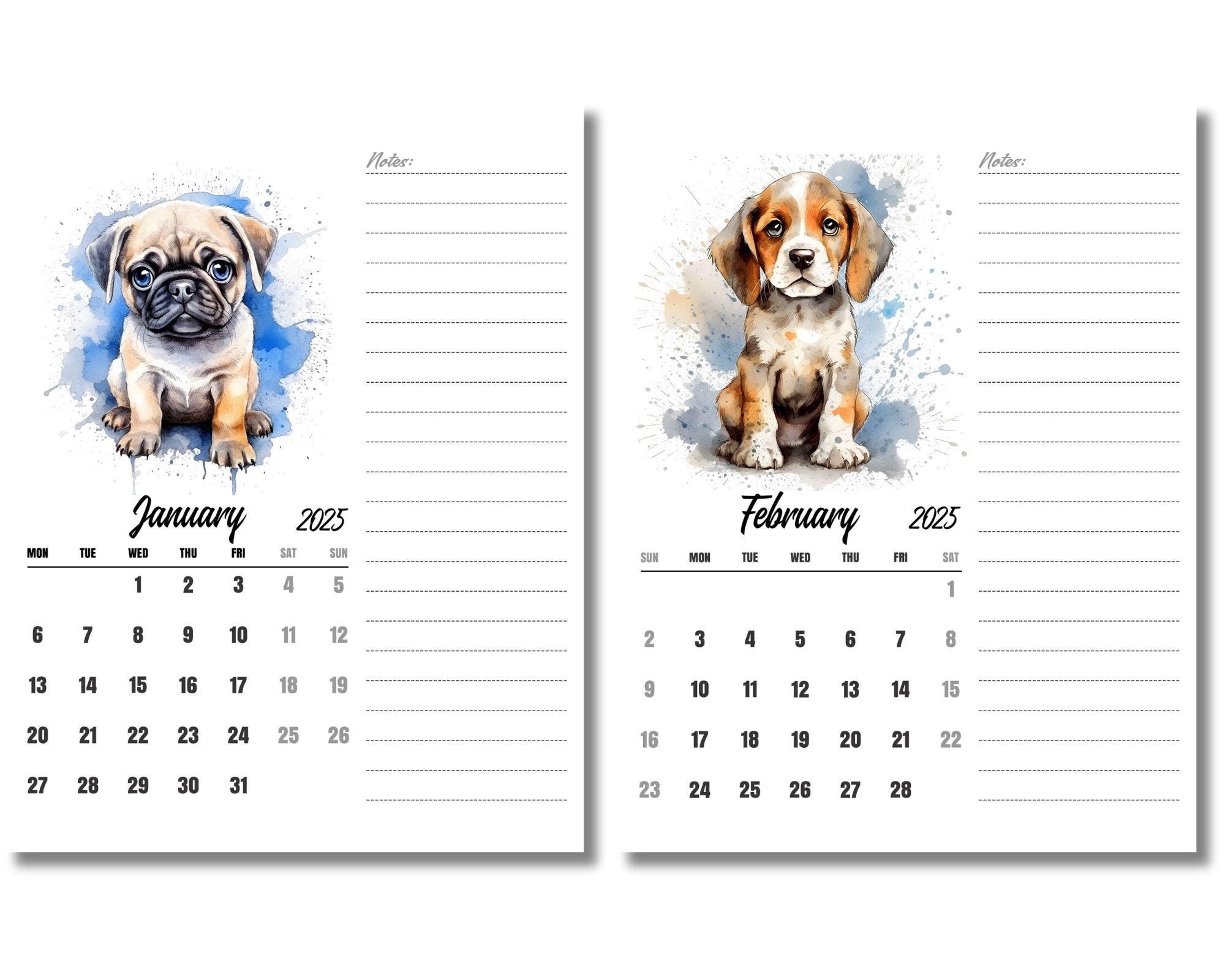 Watercolor Puppy Calendar 2025, Cute Puppies Calendar, Monday Sunday ...