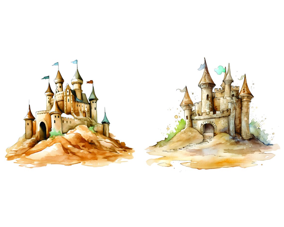 Sandcastle Clipart, 12 Jpgs, Sand Castle Clipart, Watercolor Beach ...