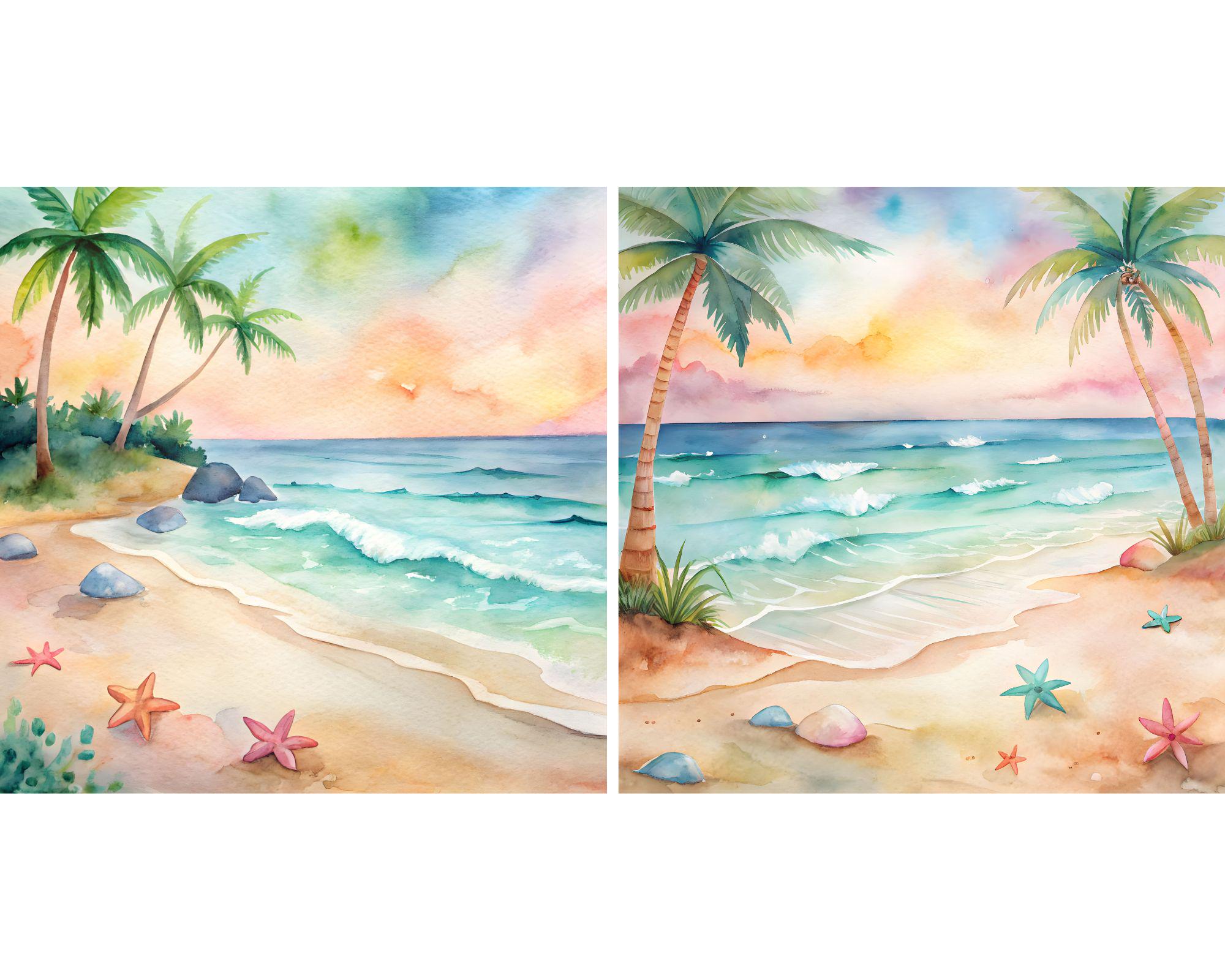 Watercolor Beach Digital Paper: Tropical Coastal Backgrounds (JPG Pack ...