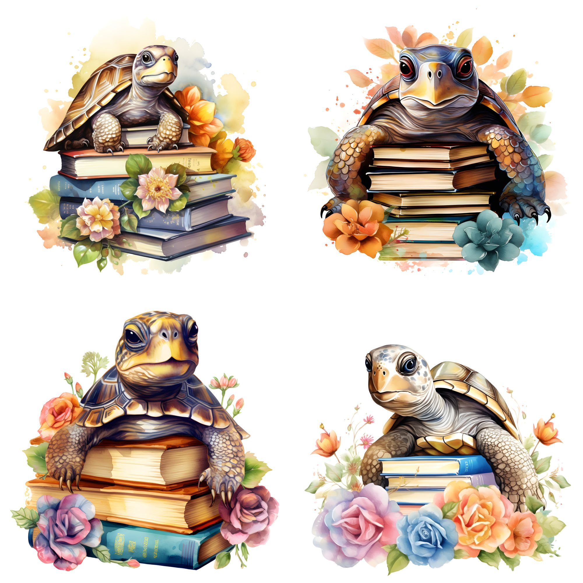 Turtle Sitting on A Stack of Books Clipart, 16 Jpgs, Watercolor Books ...