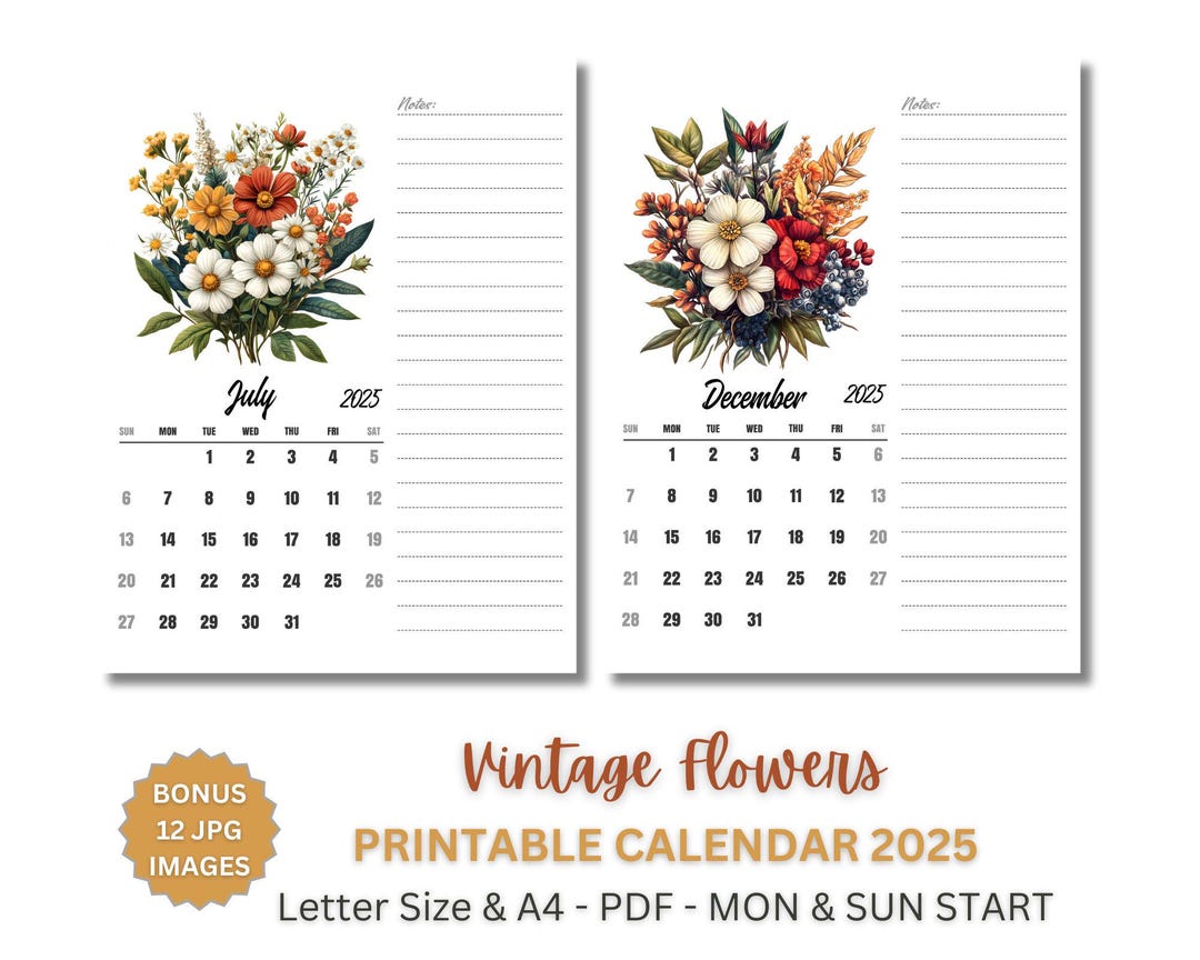 2025 Monthly Planner Printable With Vintage Flowers, A4 & US Letter ...