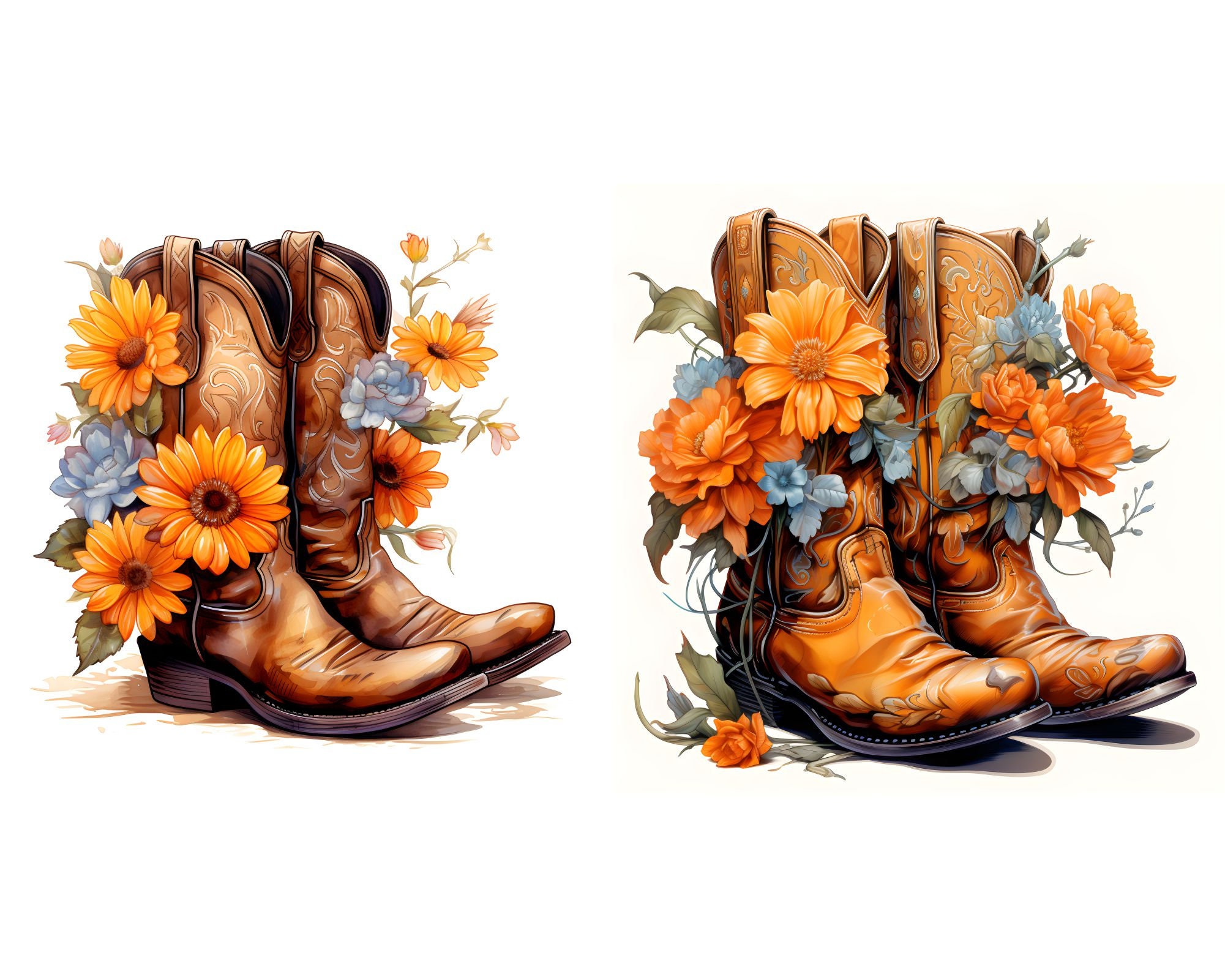Watercolor Cowboy Boots Clipart: Floral Western Design (12 JPG Files ...