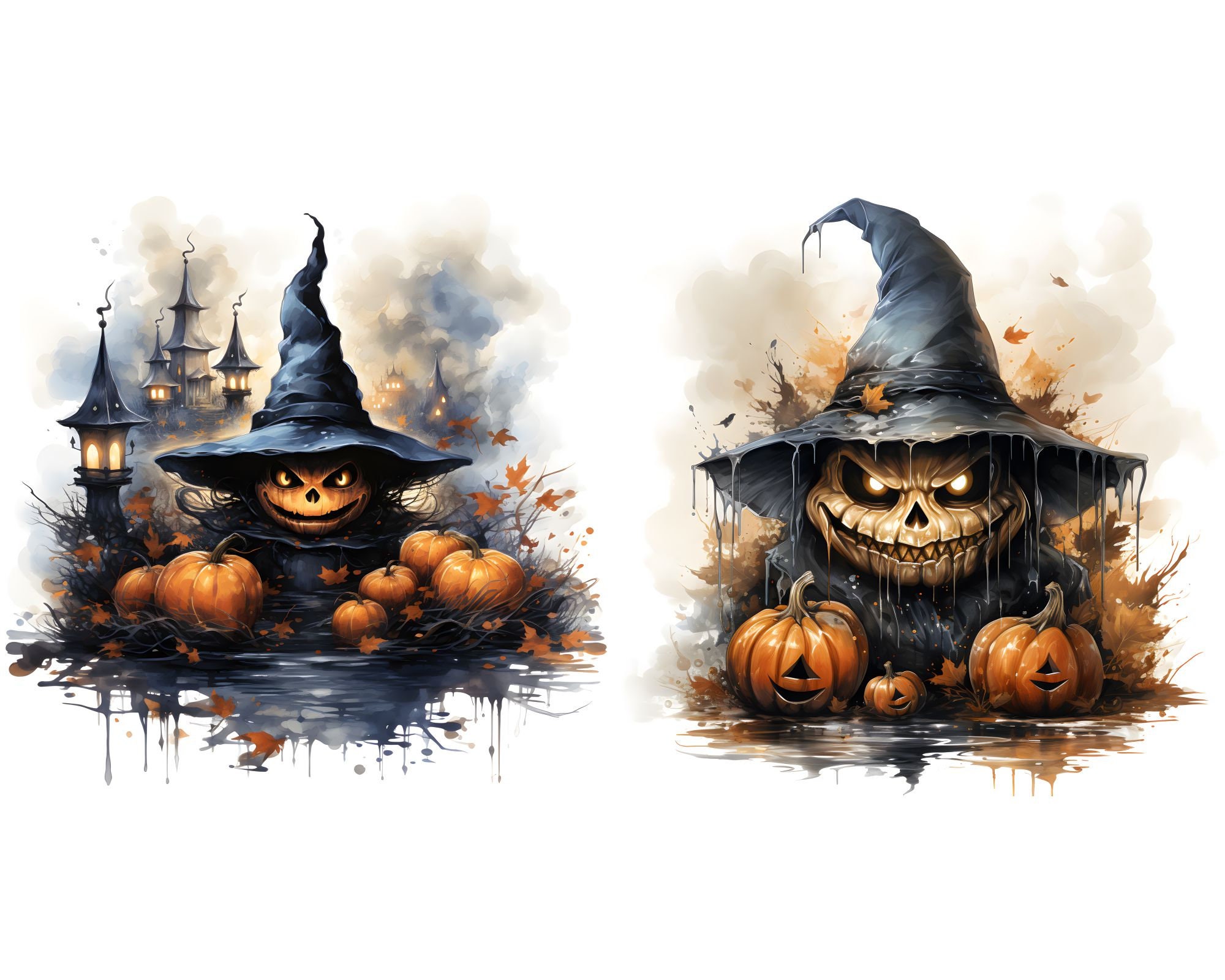 Scary Watercolor Pumpkin Clipart: Witch Hat, Halloween Art (12 Jpgs ...