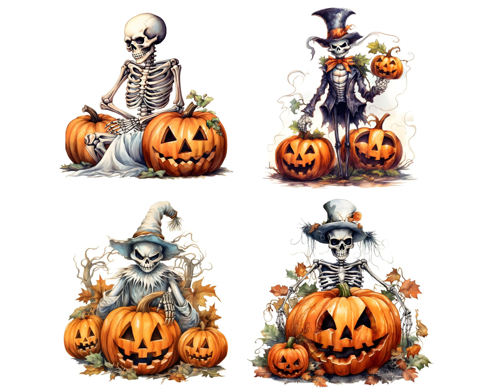 Halloween Skeleton and Pumpkin Clipart, 16 Jpgs, Watercolor Halloween ...