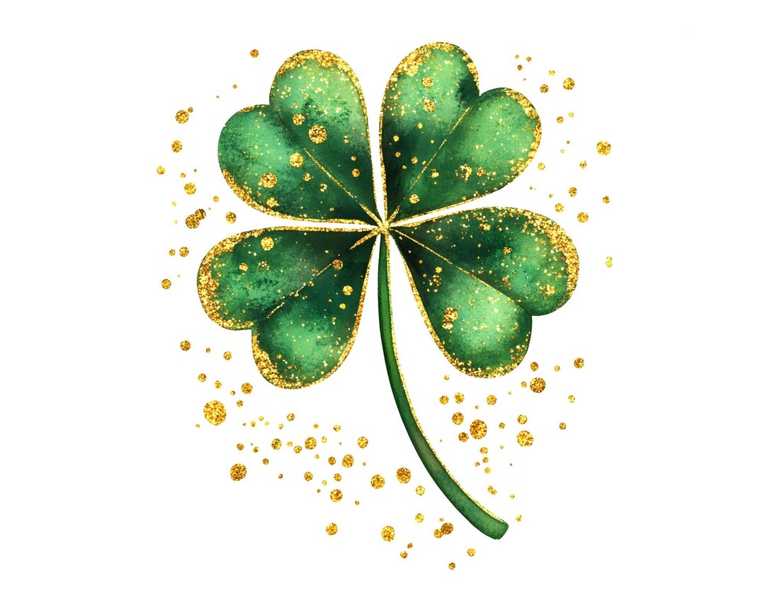 Watercolor Clover Clipart, St. Patrick’s Day Shamrock With Gold Glitter ...