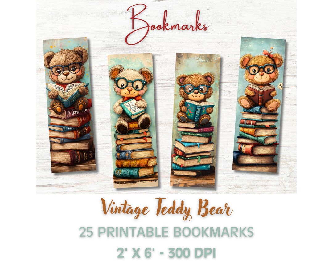 Vintage Teddy Bear Bookmark Set: Watercolor Book Lover Gift (25 PNG/JPG ...