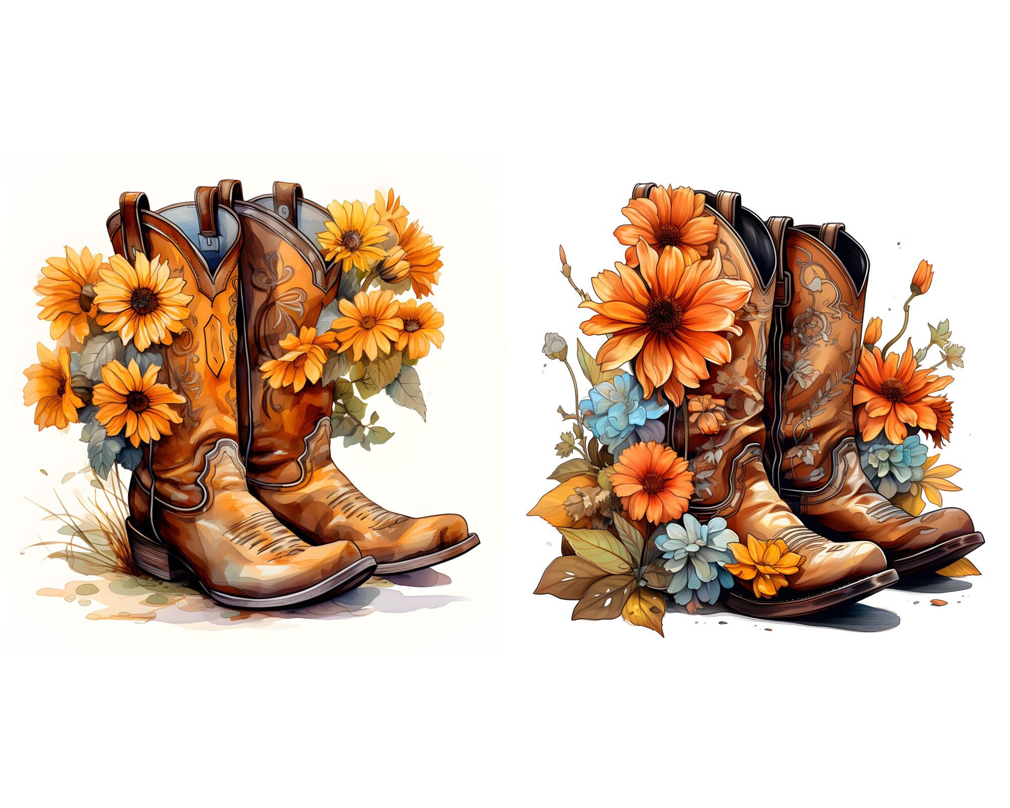 Watercolor Cowboy Boots Clipart: Floral Western Design (12 JPG Files ...