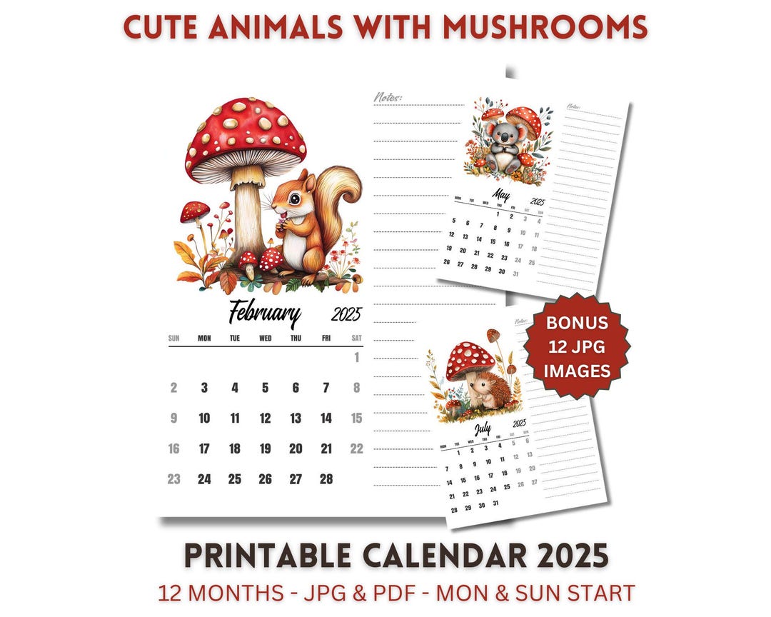 Cute Animals With Mushrooms Calendar 2025, Monday and Sunday Start ...