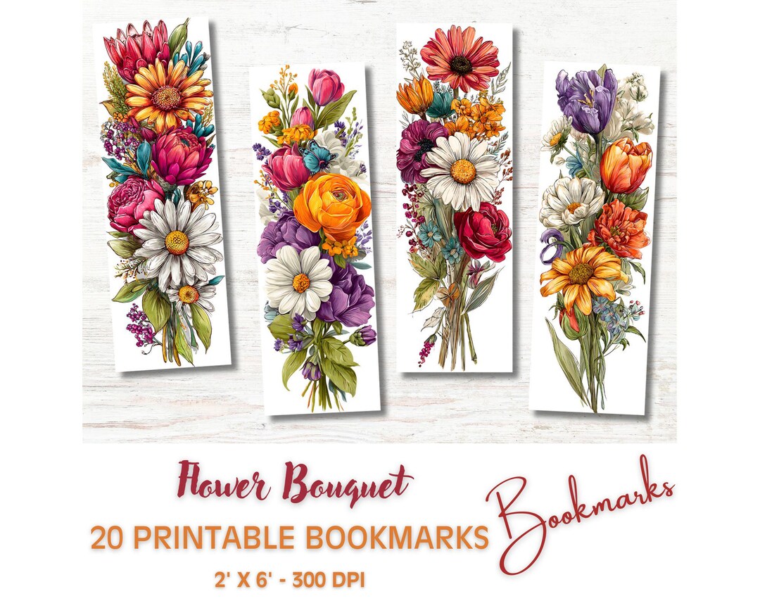Vibrant Watercolor Flower Bouquet Bookmark Set | 2x6 in Printable ...