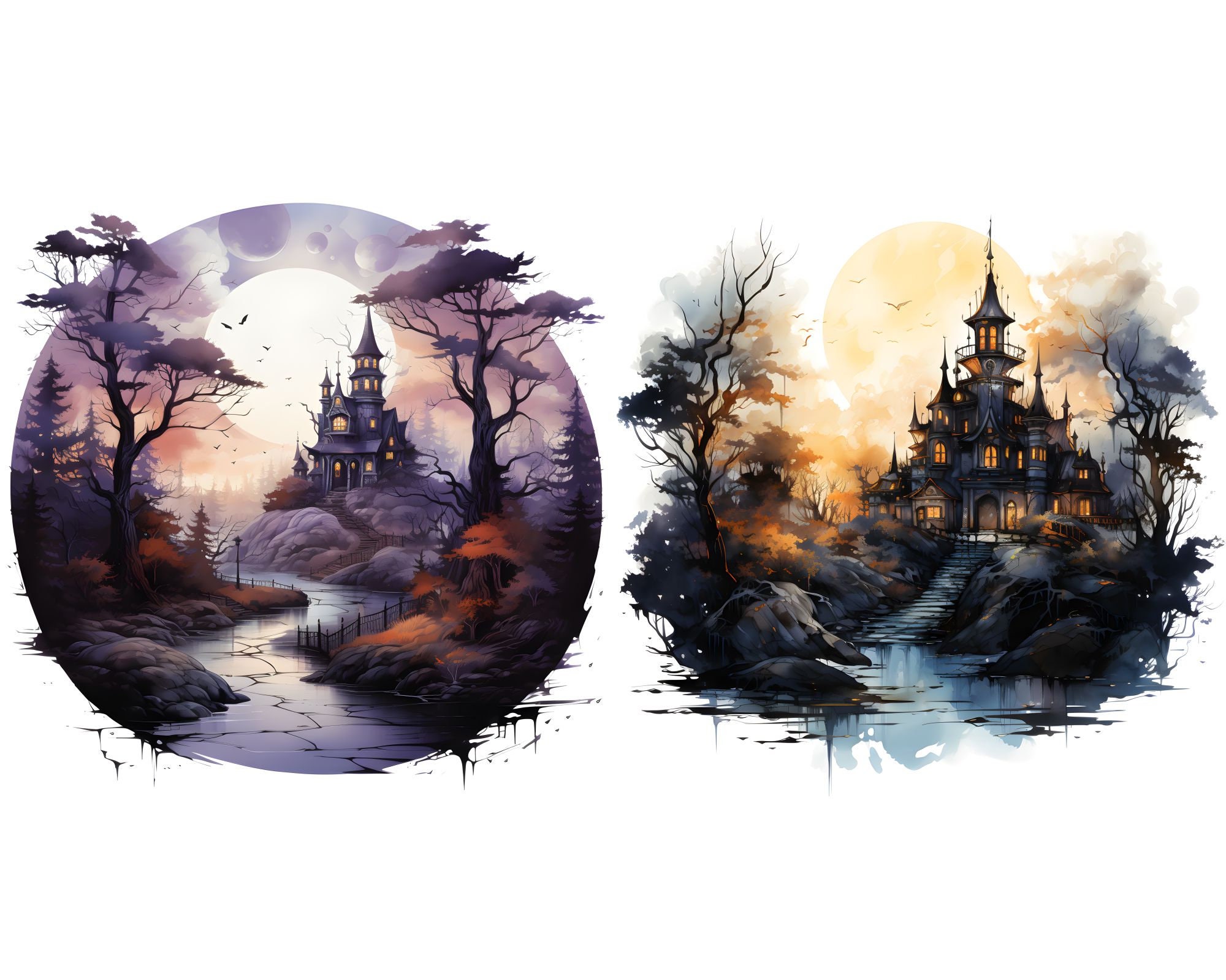 Watercolor Spooky Halloween Castle Clipart: Moonlit Jpgs (commercial ...