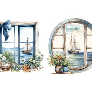 Watercolor Nautical Clipart: Sailing Boat Window View (20 PNG Digital ...