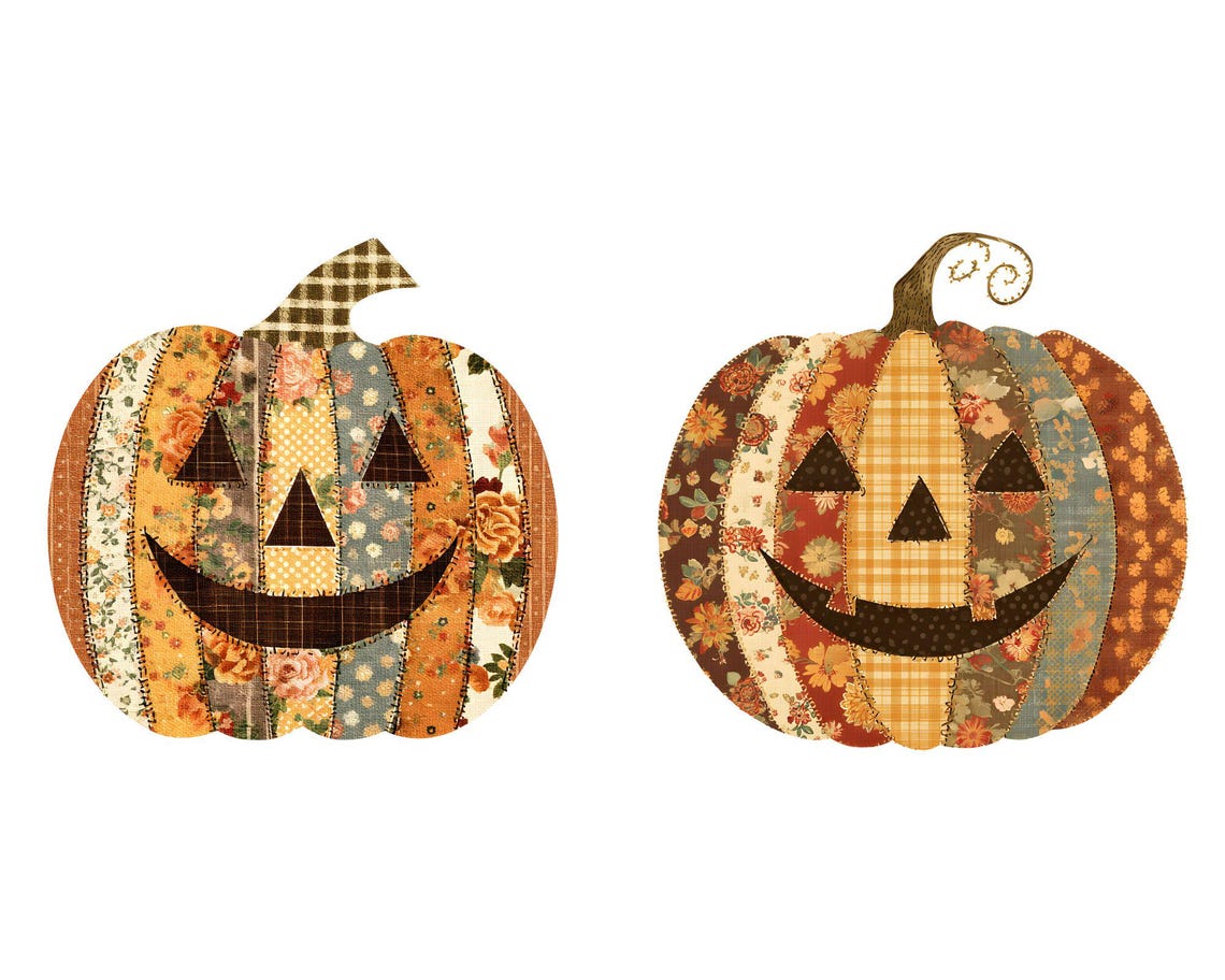 Patchwork Jack-o-lantern Halloween Clipart – 14 JPG Files | Quilted ...
