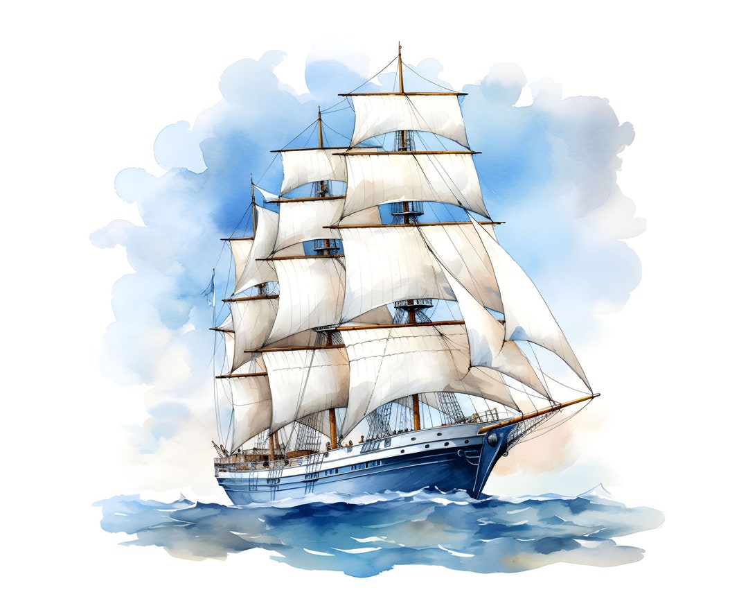 Watercolor Sailing Ship Clipart: 20 JPG Nautical Images (digital ...