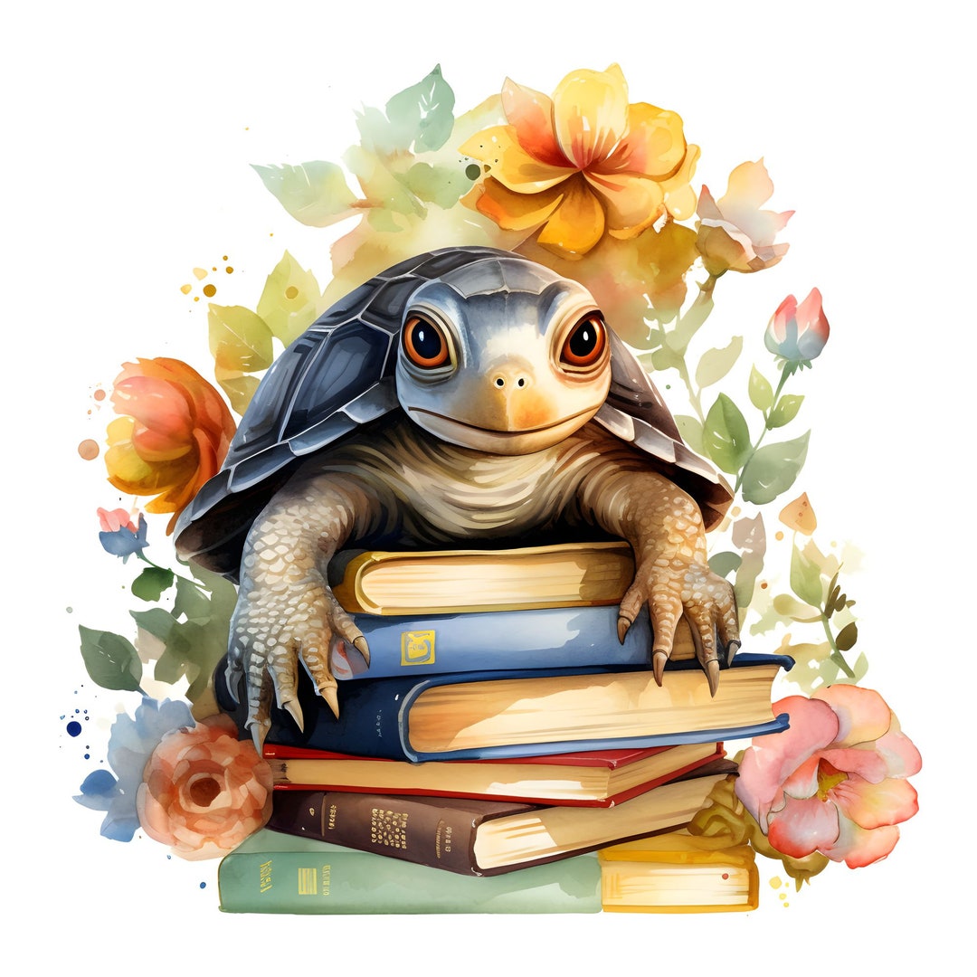Turtle Sitting on A Stack of Books Clipart, 16 Jpgs, Watercolor Books ...